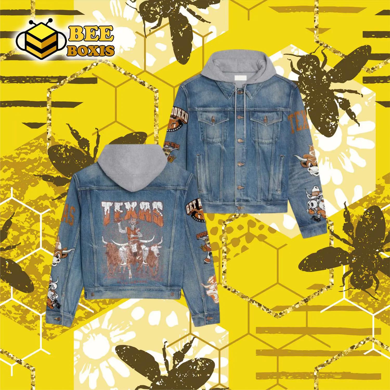 Texas mascot design hooded denim jacket.png