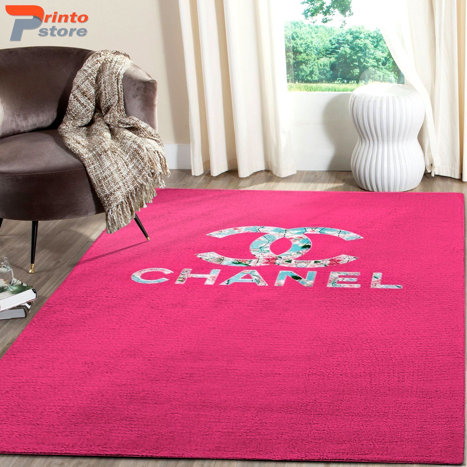 Chanel logo pinky fashion luxury brand premium rug carpet home decor
