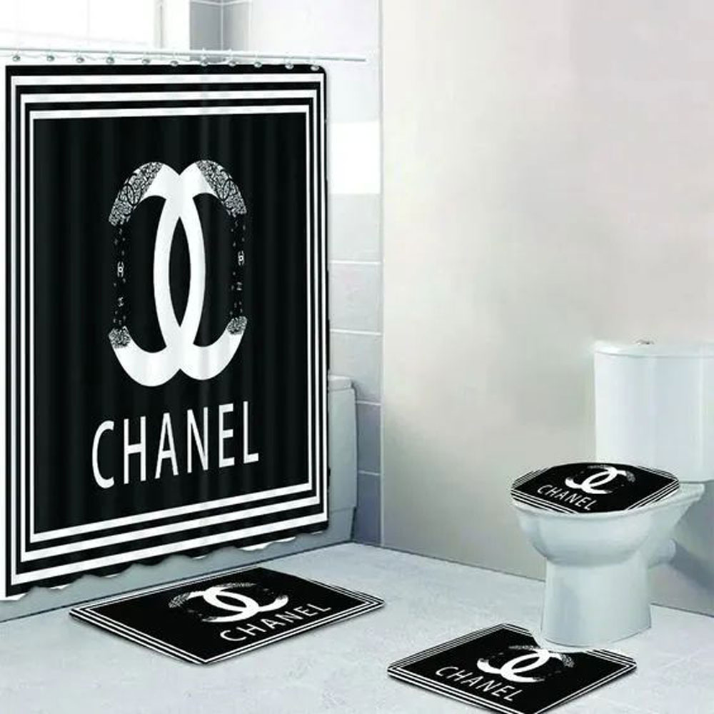 Chanel black white bathroom set hot 2023 luxury shower curtain bath rug ...