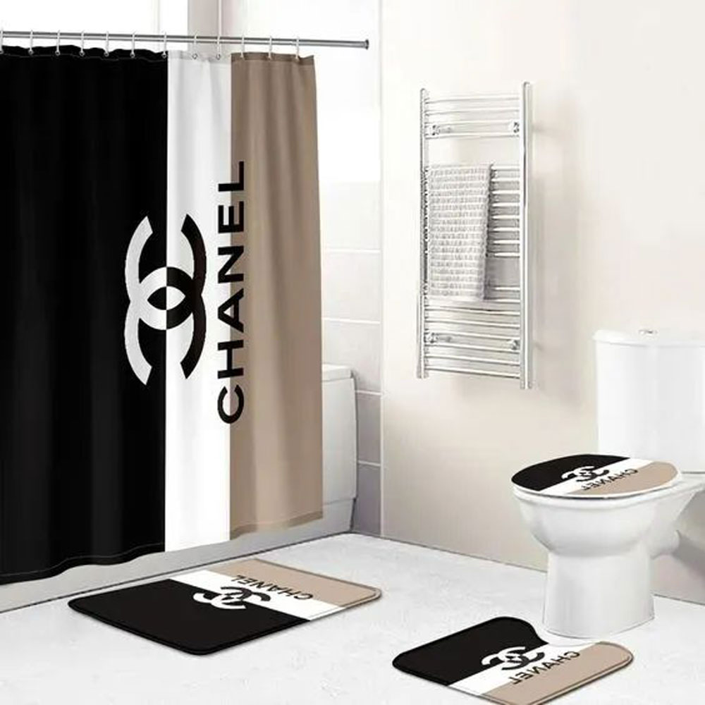 Chanel bathroom set hot 2023 luxury shower curtain bath rug mat home decor