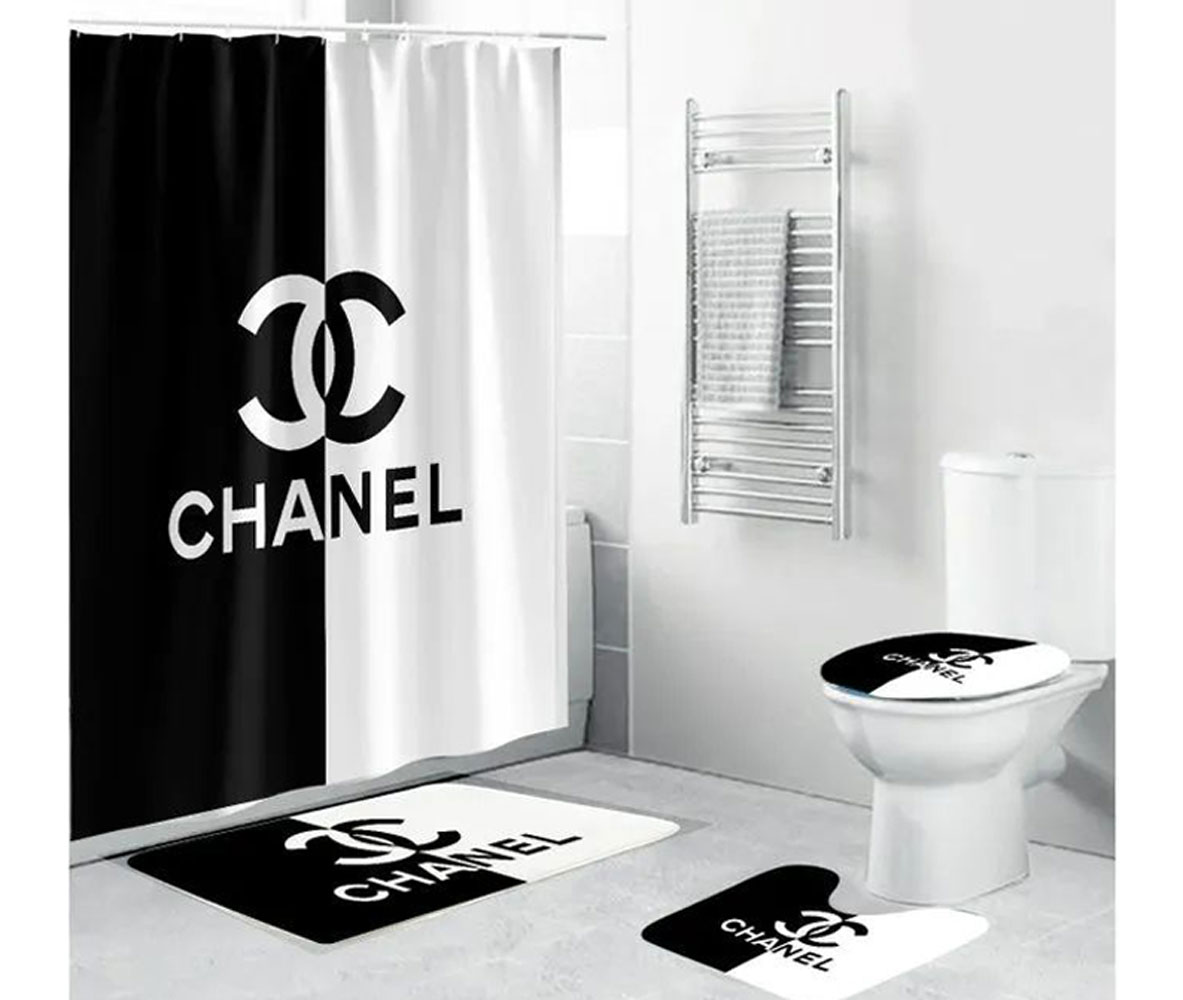 Chanel black white bathroom set hot 2023 luxury shower curtain bath rug ...